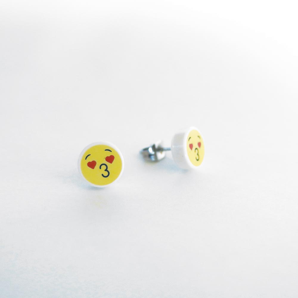 Round Printed Lego Tile Stud Earrings - Kissing Face with Heart Eyes ...