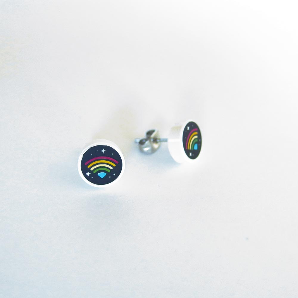 Round Printed Lego Tile Stud Earrings - Rainbow - Brickly